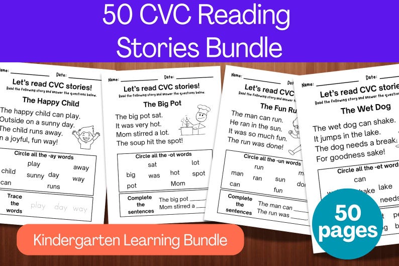 CVC Reading Stories Bundle: Phonics Worksheets, Kindergarten Learning ...