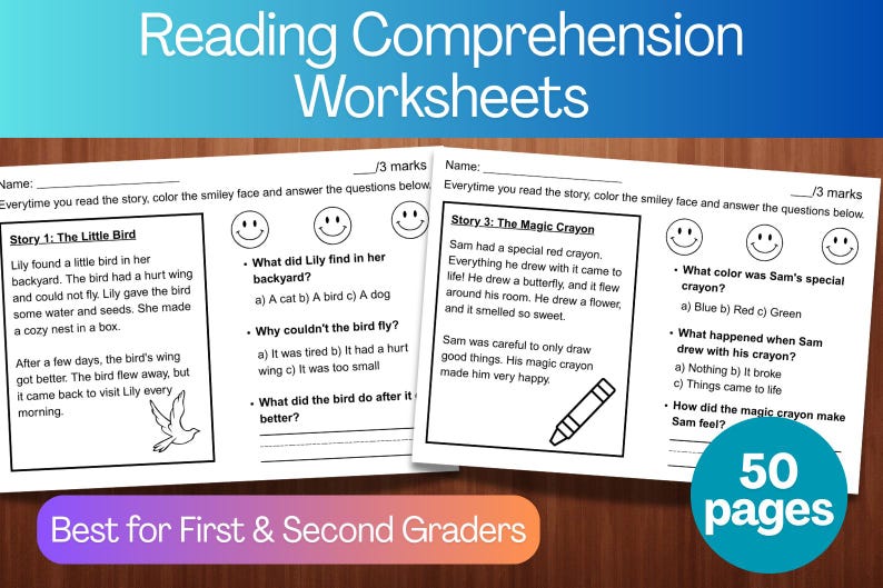 Reading Comprehension Worksheets: 1st-2nd Grade Short Stories (digital ...