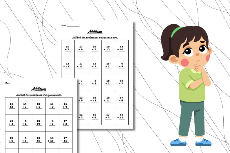 Buy 20 Printable Addition Worksheets (numbers 1-20) for Kindergarten ...