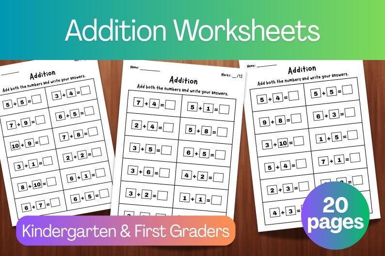 20 Printable Addition Worksheets (numbers 1-10) for Kindergarten-1st ...