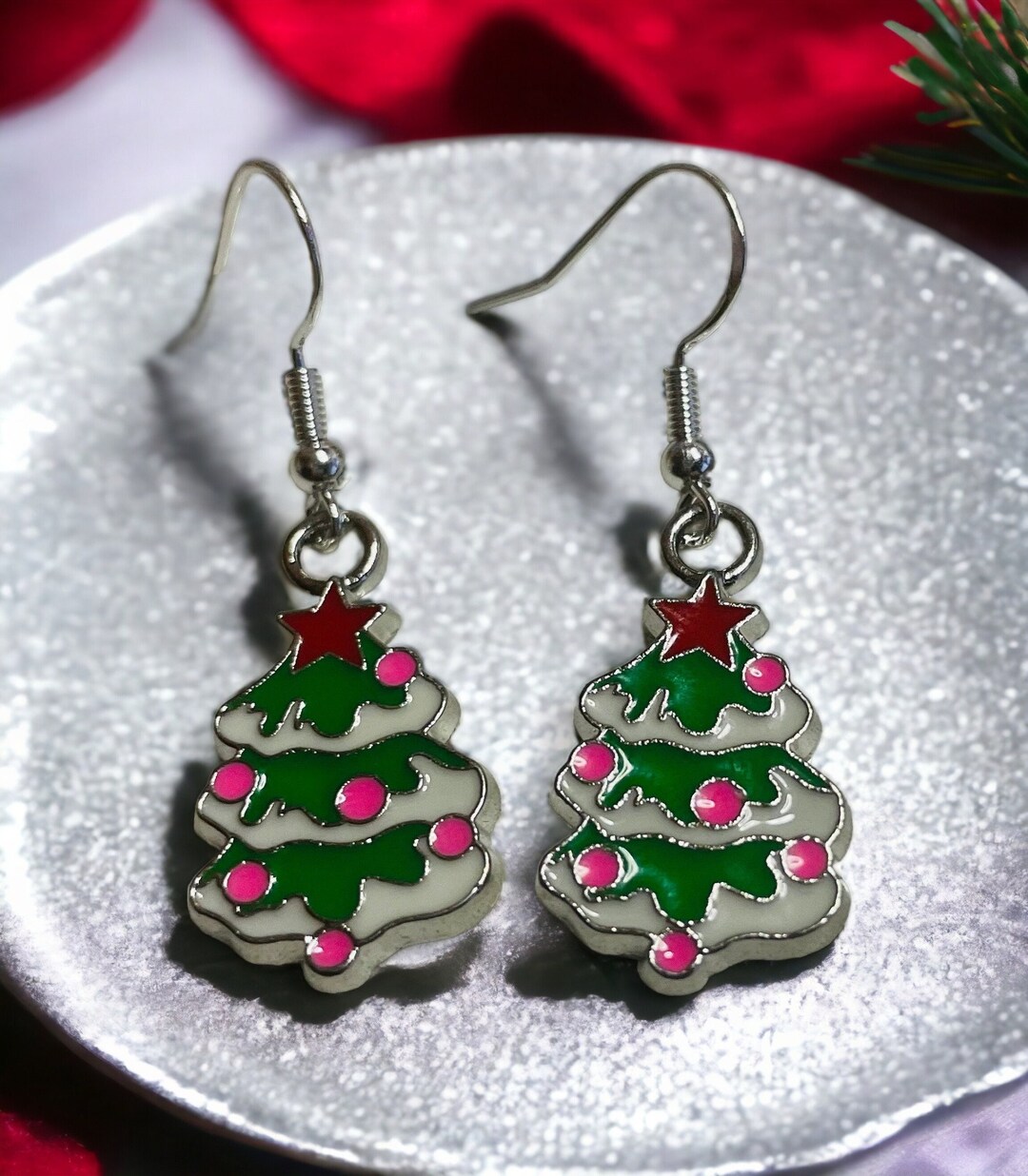 Christmas Tree Earrings, Silver Metal Earrings - Etsy