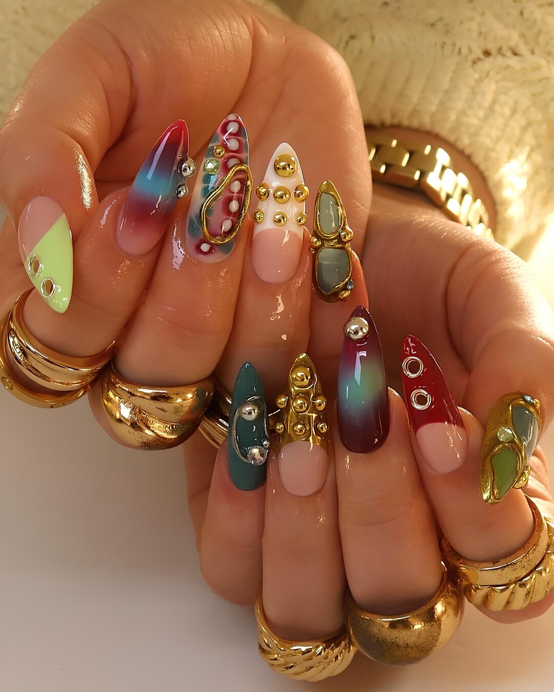 Maximalist 3D Gold Aura Press on Nails | Hand Painted Pierced Stiletto ...