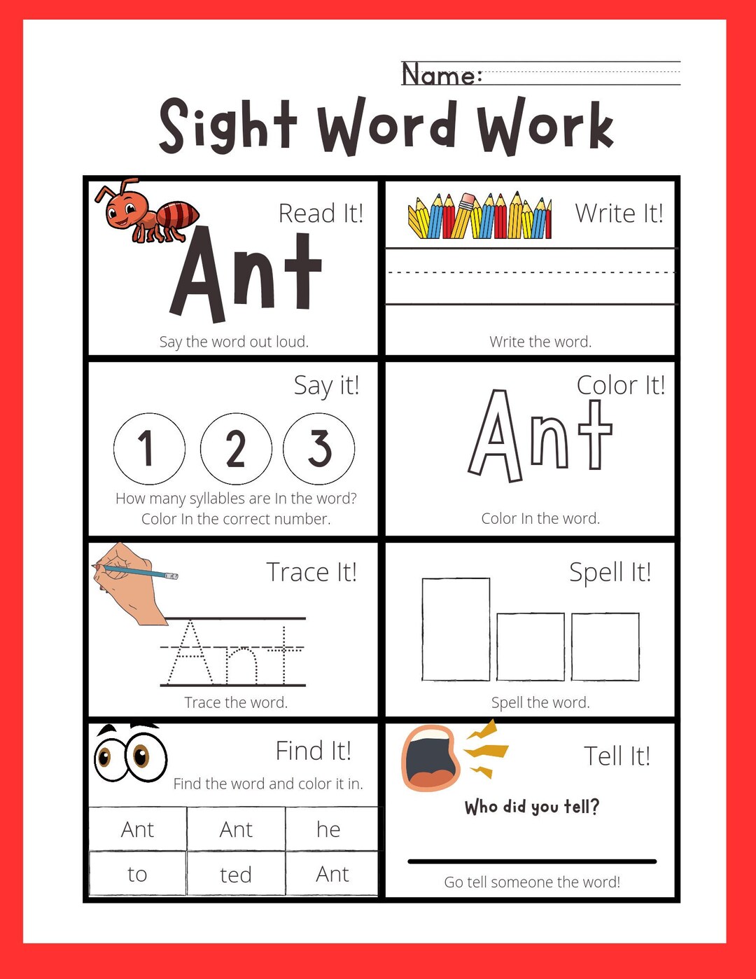 A-E Kids Sight Word Worksheets, Homework, Classwork, Teachers Helper - Etsy