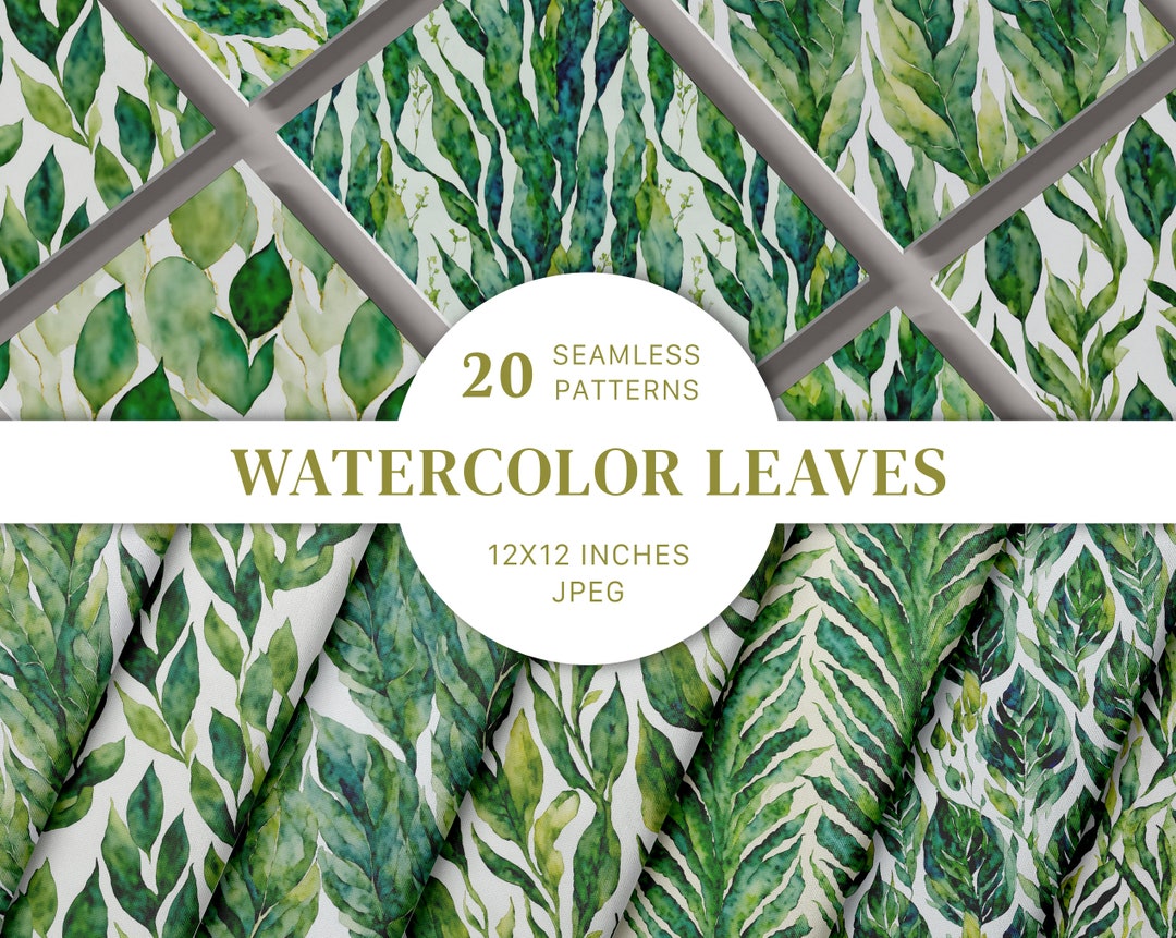 20 Watercolor Leaves Seamless Patterns, Painted Digital Green Papers ...