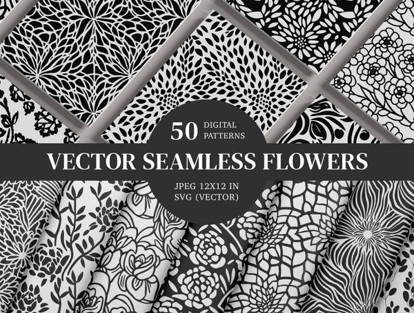 50 Vector Seamless Flowers, BW Floral Pattern, Foliage Printable Digital Papers, SVG, Scrapbook ...