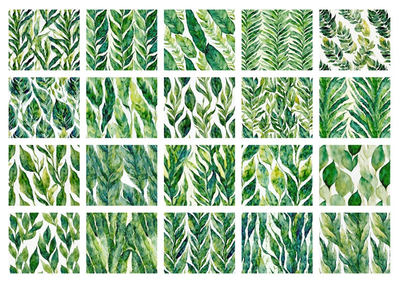 20 Watercolor Leaves Seamless Patterns, Painted Digital Green Papers ...