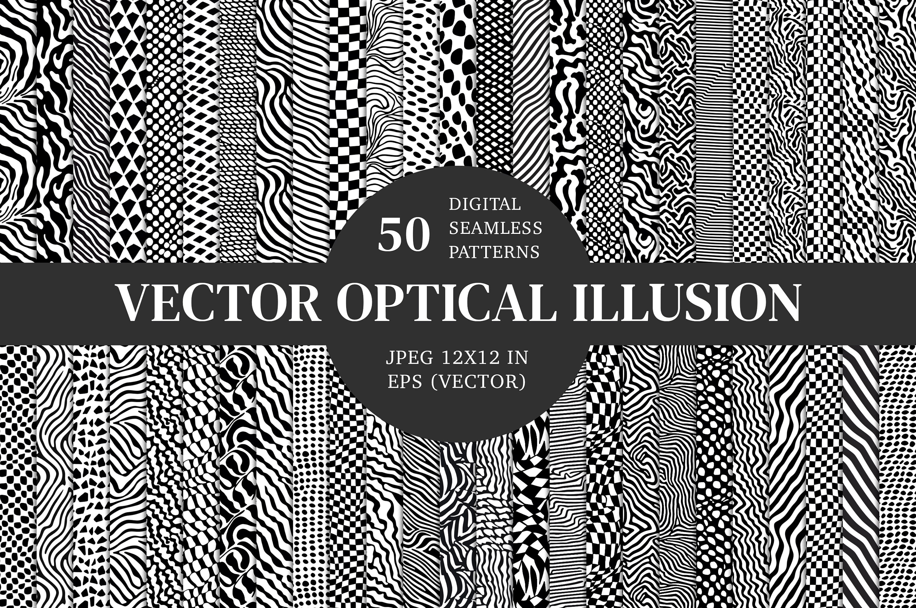 50 Vector Optical Illusion Seamless Patterns, SVG, B&W, Mega Bundle ...