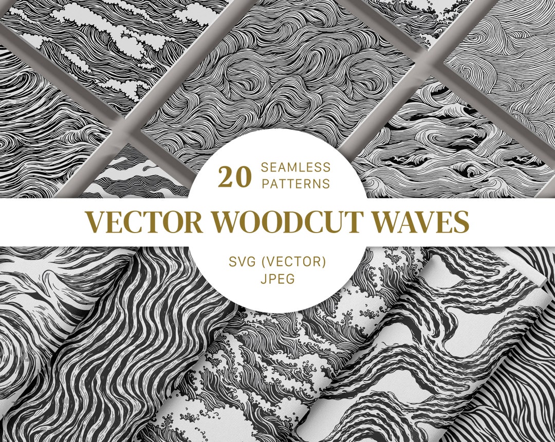 20 Vector Ocean Waves Seamless Papers, SVG, Woodcut Seawater Pattern ...