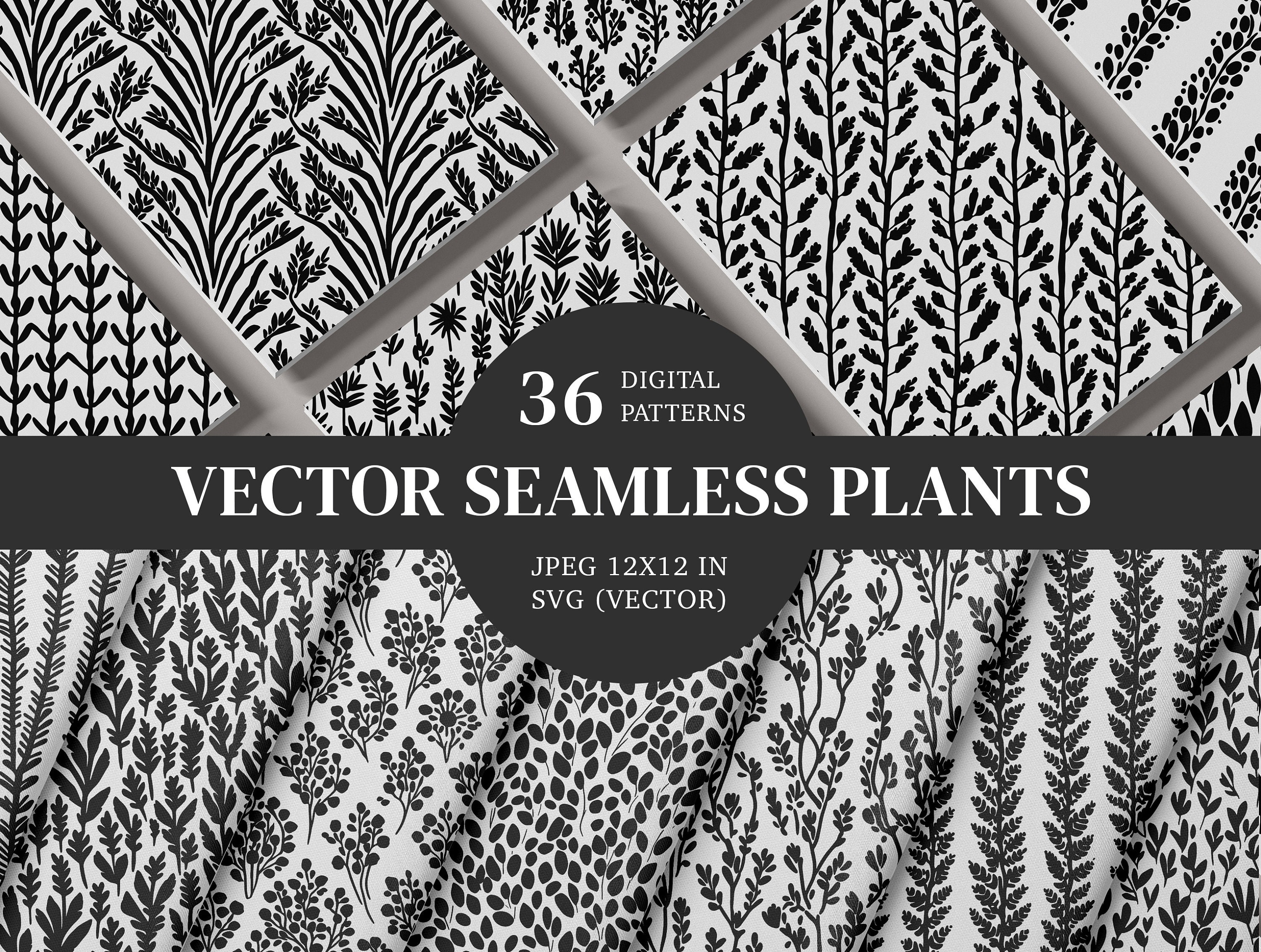 36 Vector Seamless Plants, SVG, BW Leaves Pattern, Foliage Printable ...