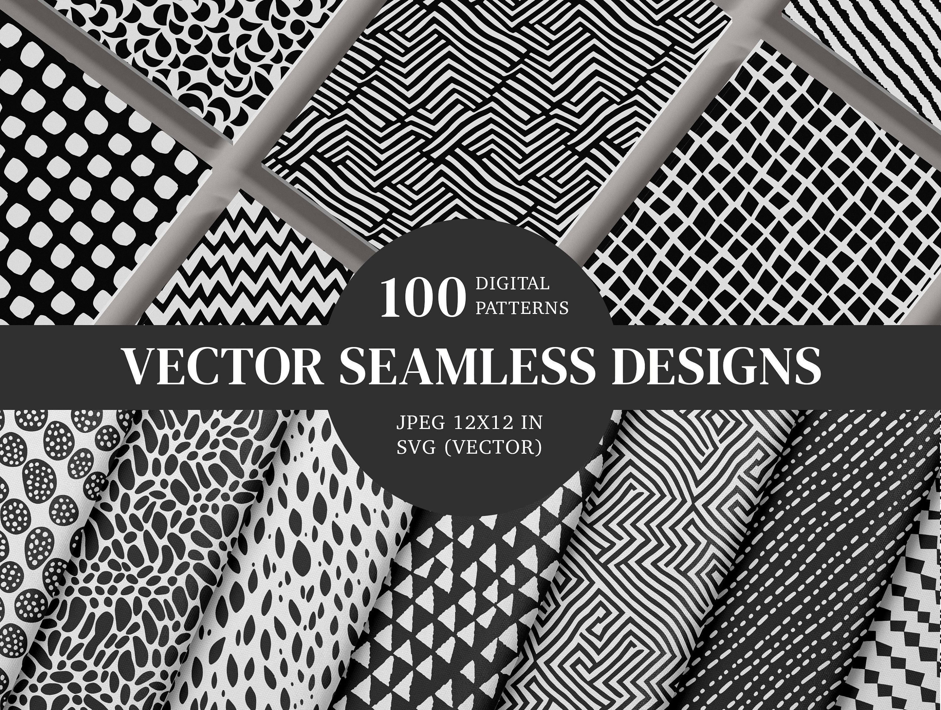 100 Vector Seamless Designs, SVG, BW, Asymmetric Patterns, Scrapbook ...