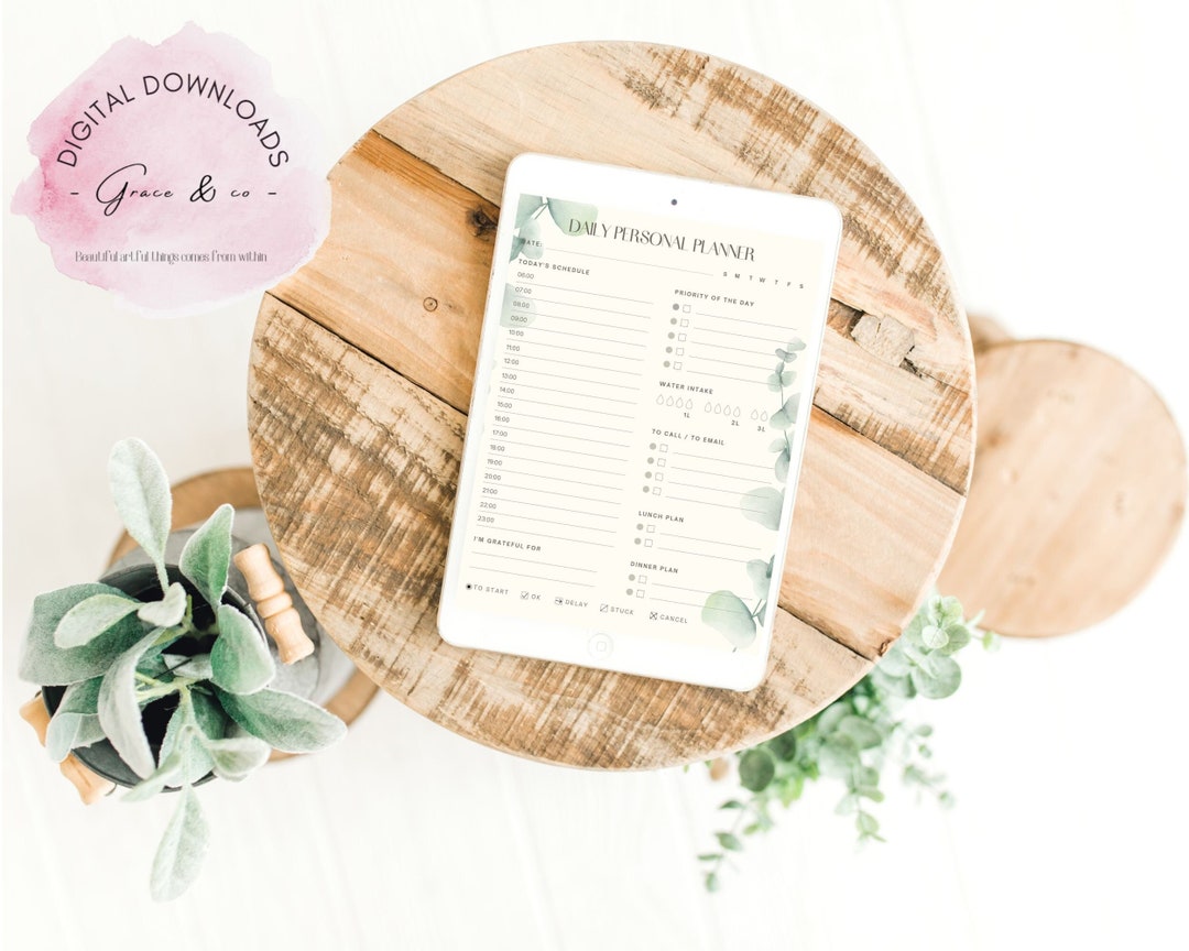 Undated Daily Planner Printable Hourly Planner Daily Agenda Eucalyptus ...
