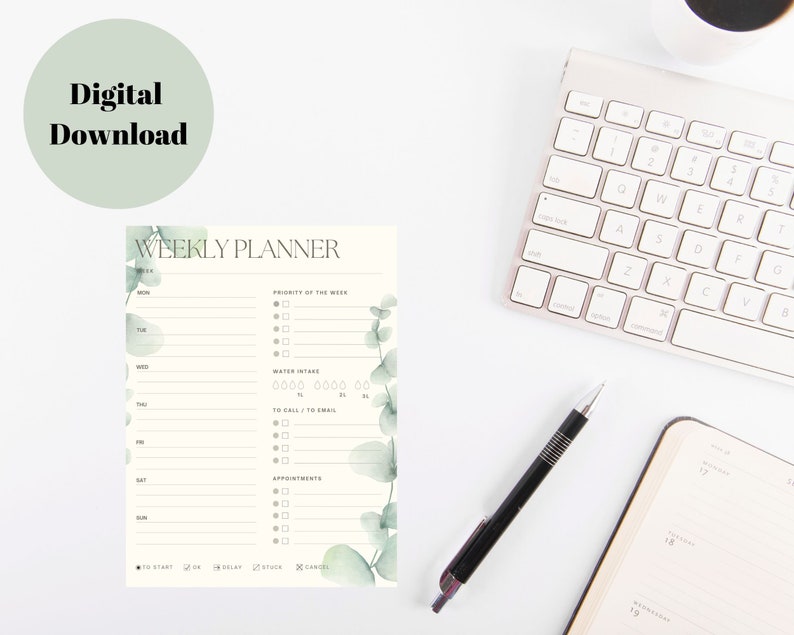 Undated Weekly Planner Printable Weekly Planner Daily Agenda Eucalyptus ...