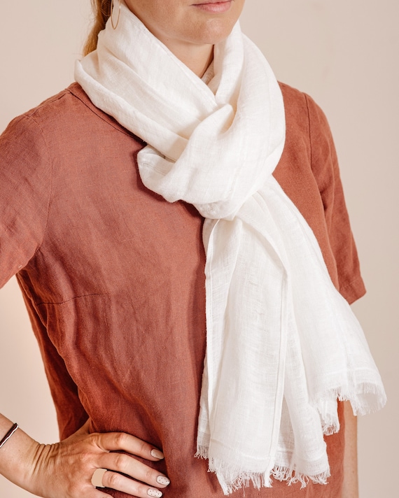 White Linen Scarf Lightweight Soft and Breathable French Washed Scarf for Women and Men A Casual and Natural Textured Summer Accessory