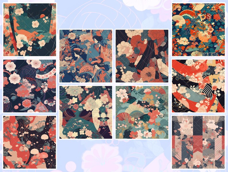 10 Kimono Seamless Digital Patterns, Japanese Scrapbook Paper, Geisha ...