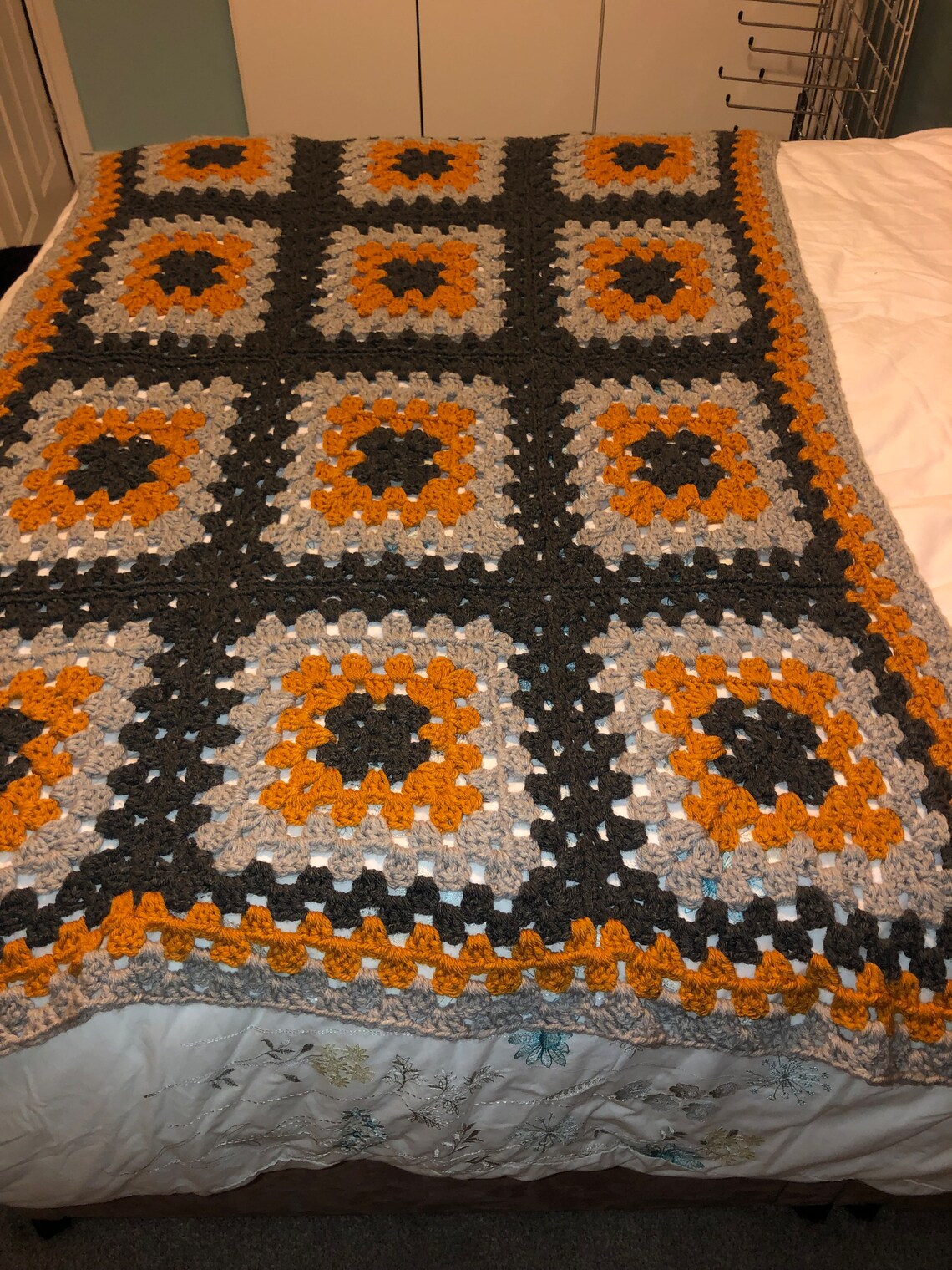 Handmade Rectangular Crochet Blanket in Grey and Orange With Shell Edge ...