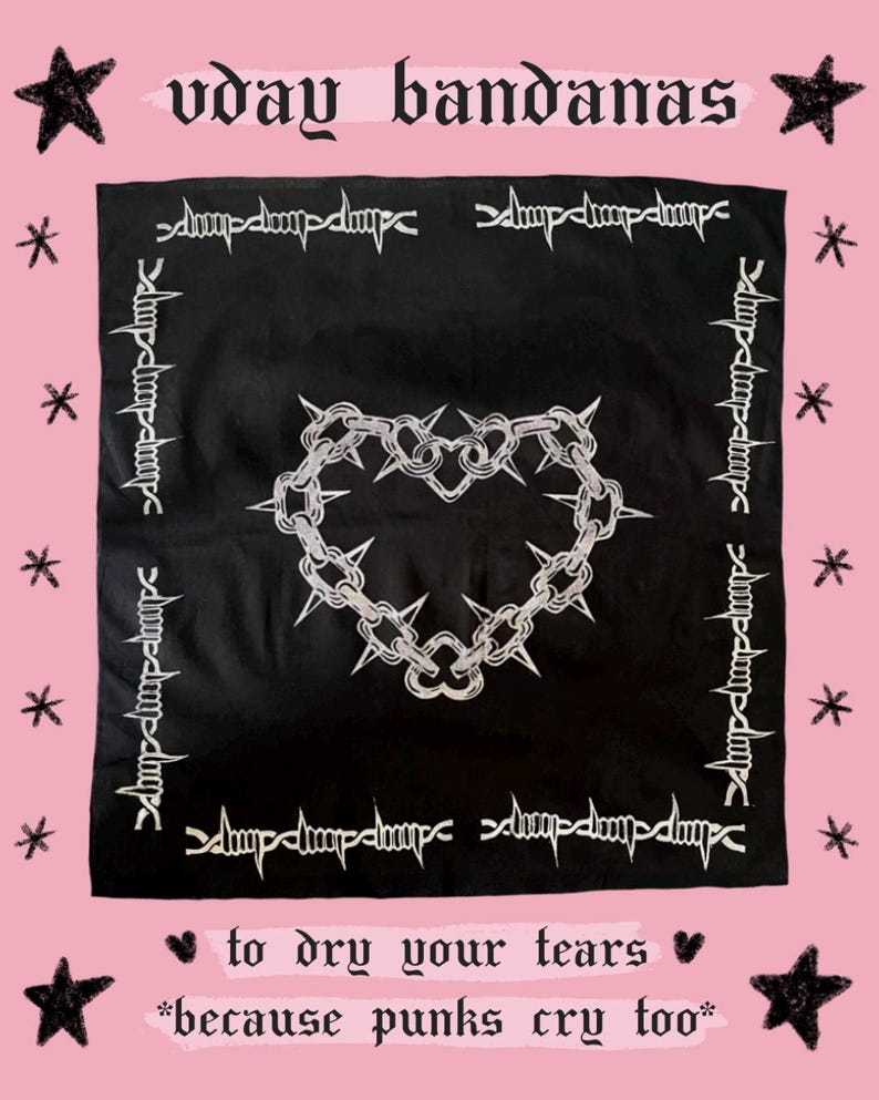 Block Print Linocut Bandana, Punk Spike Heart With Barbed Wire, Hand ...