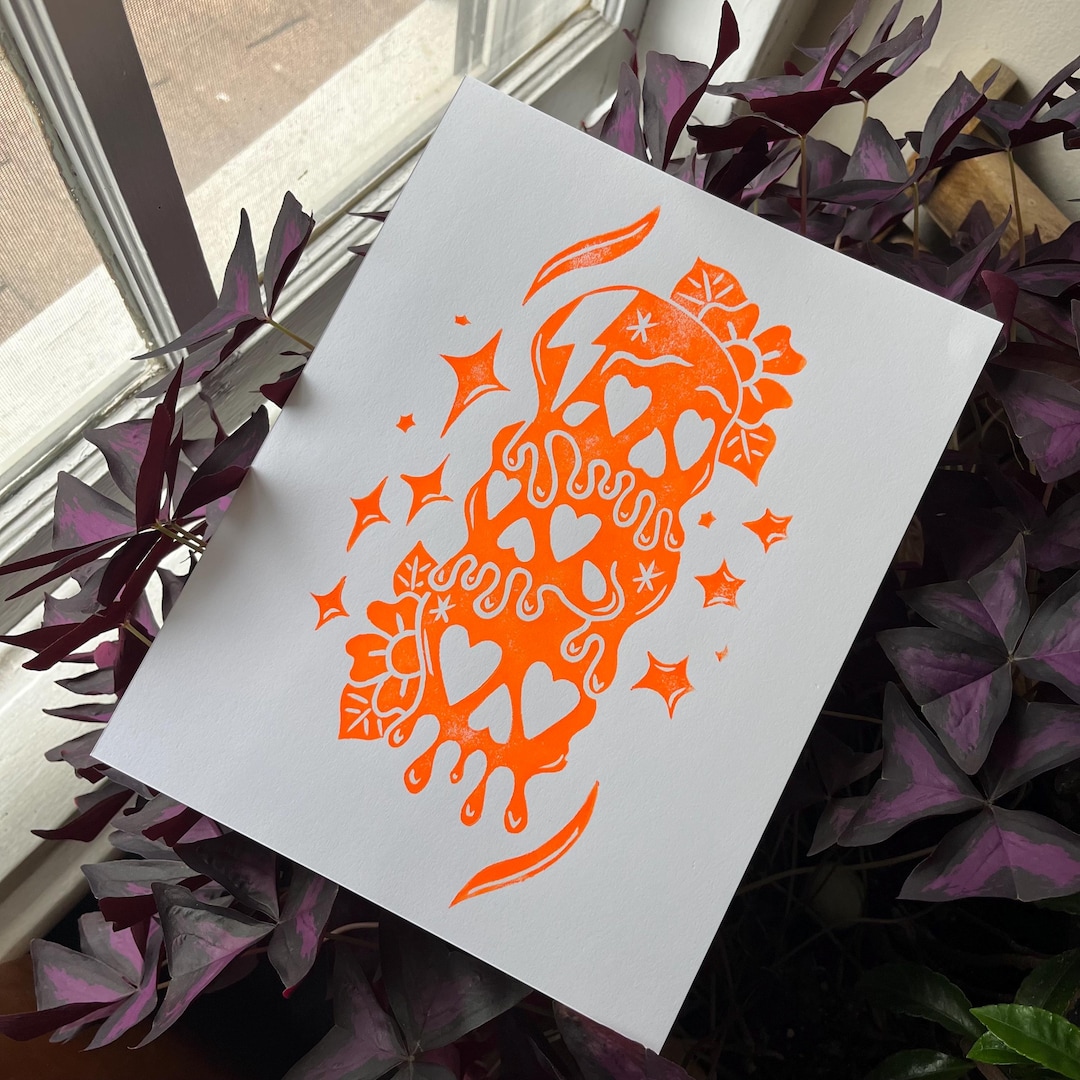 Spooky Starry Skull Stack Original Hand Pressed Linocut Print in Neon ...