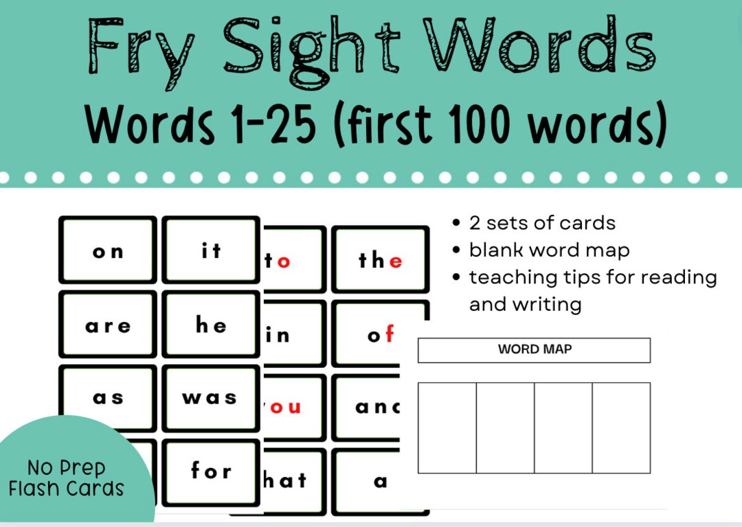 Fry Sight Word Flash Cards, 1-25 (first 100) - Etsy