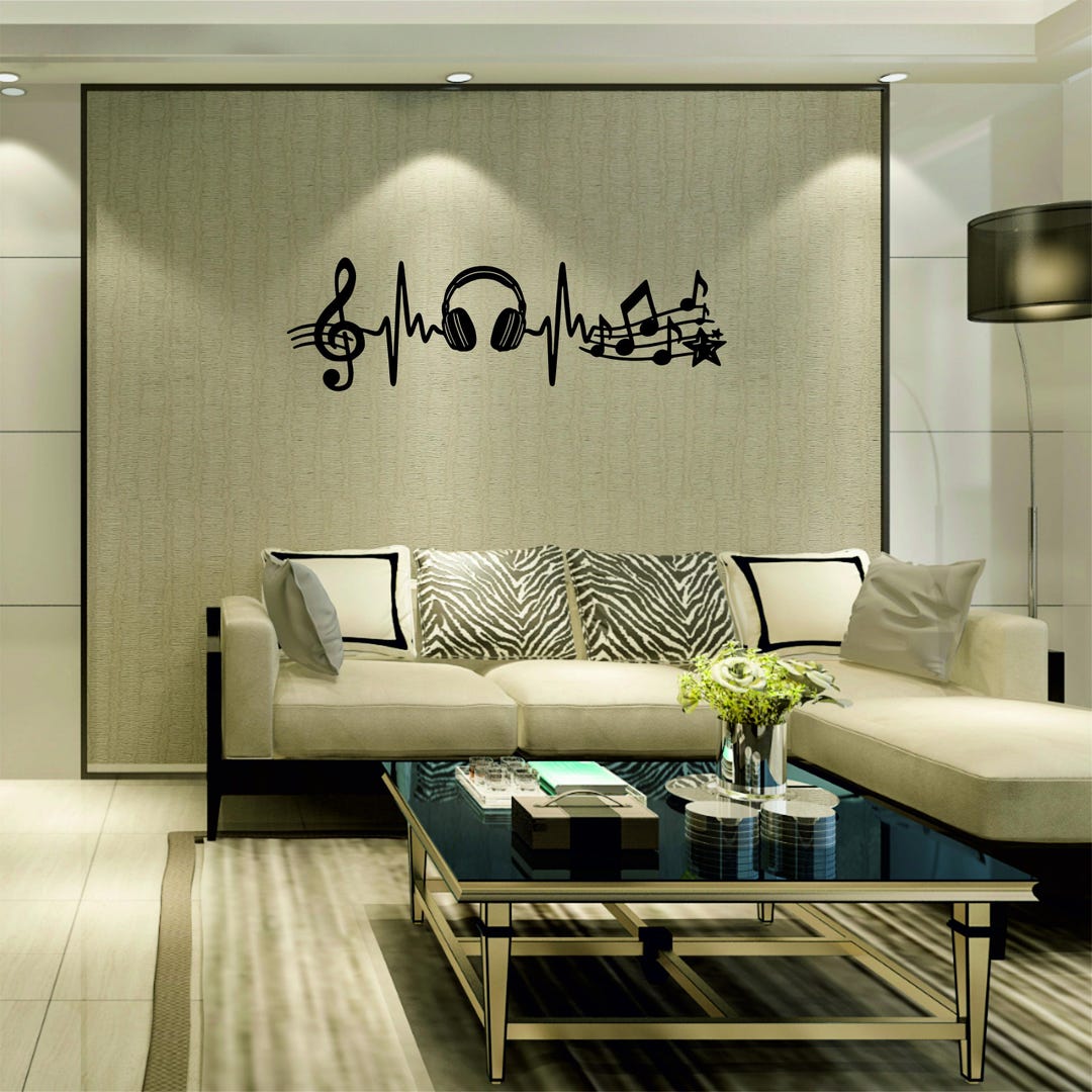 Music Metal Wall Art, Headphone Sound Wave Decor, Audio Rhythm Line ...