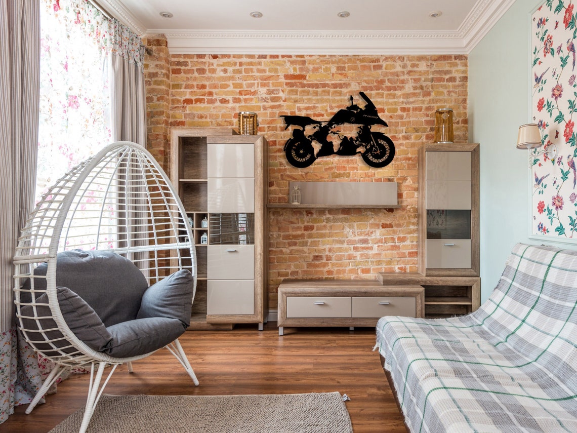 Motorcycle With World Map, Metal Wall Art, Wire Art Wall Decor, Wall ...