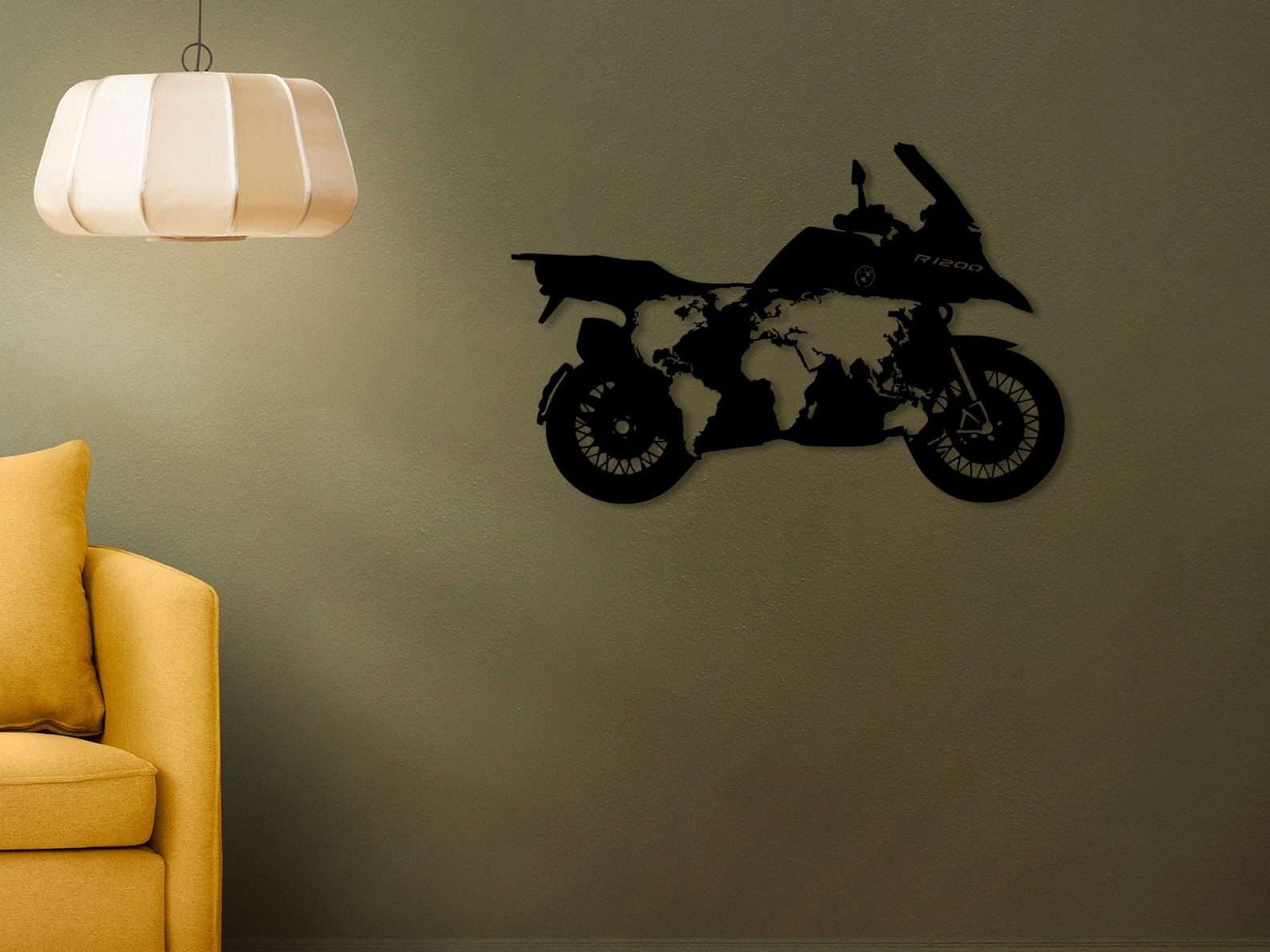 Motorcycle With World Map, Metal Wall Art, Wire Art Wall Decor, Wall ...