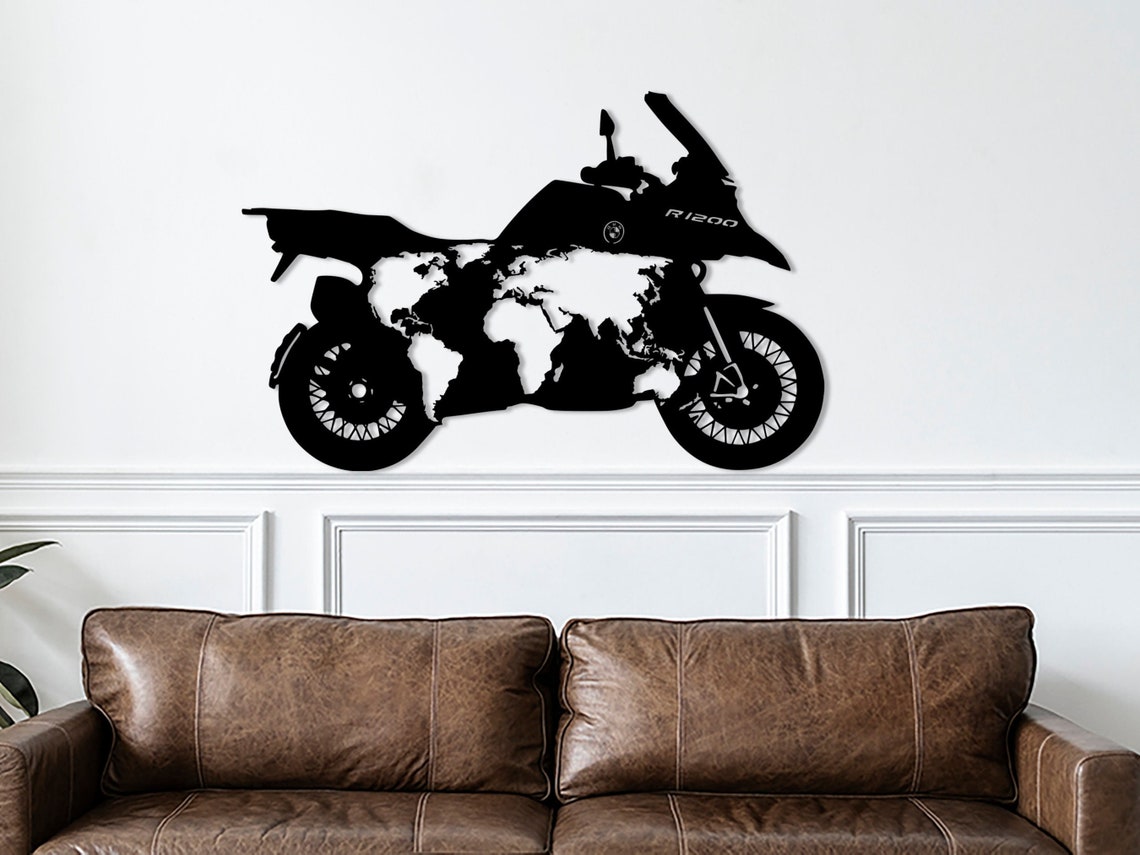 Motorcycle With World Map, Metal Wall Art, Wire Art Wall Decor, Wall ...