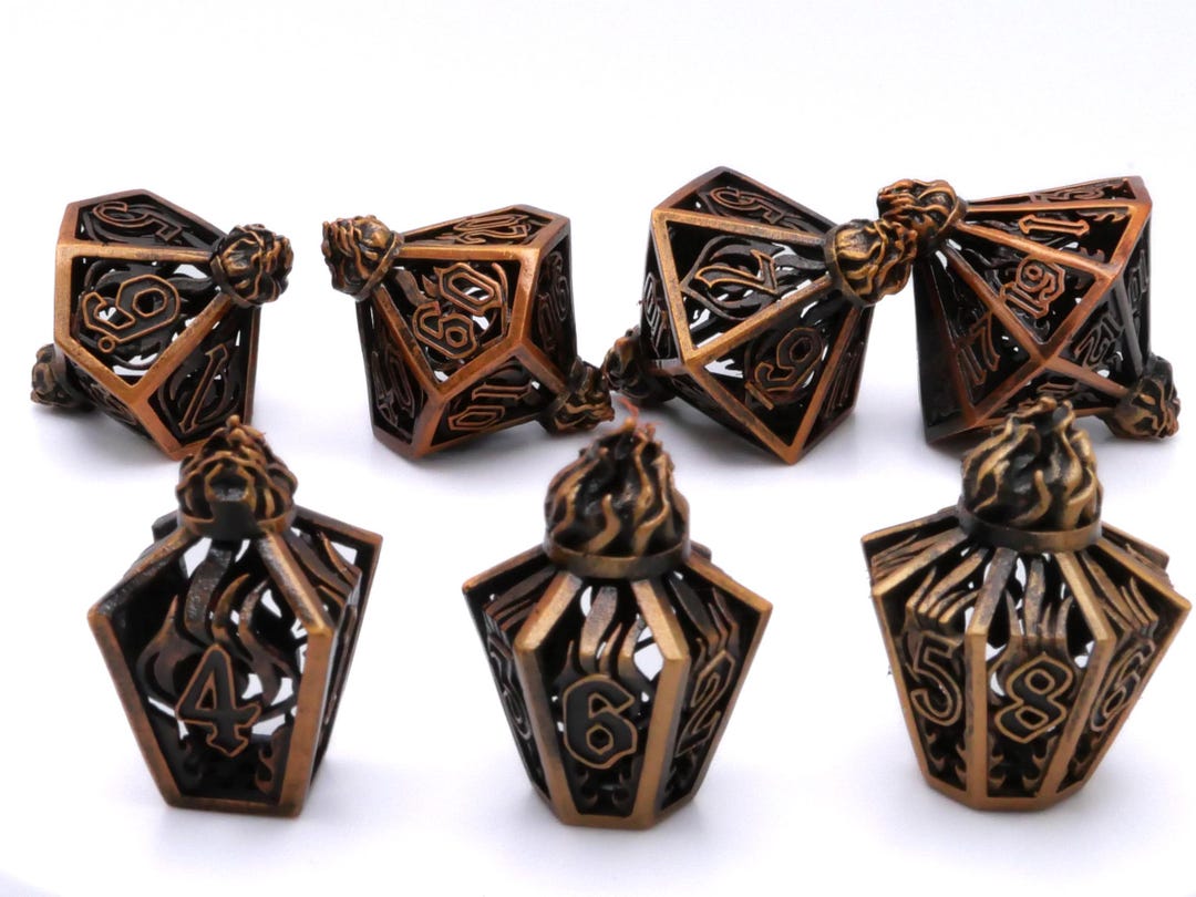 Flame Bottle Hollow Metal Dnd Dice Set: 7 Piece Lantern RPG Dice - Etsy