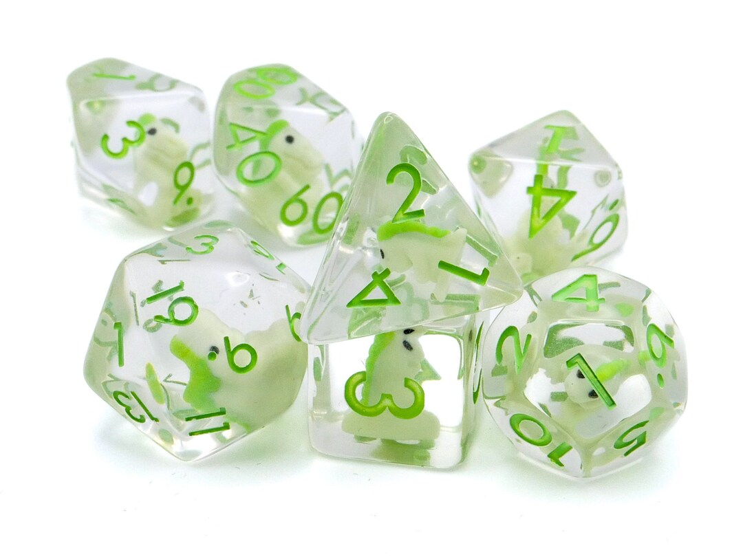 Green T-rex Dice Set 7 Piece Handcrafted Resin Tabletop RPG Dice Gamers ...