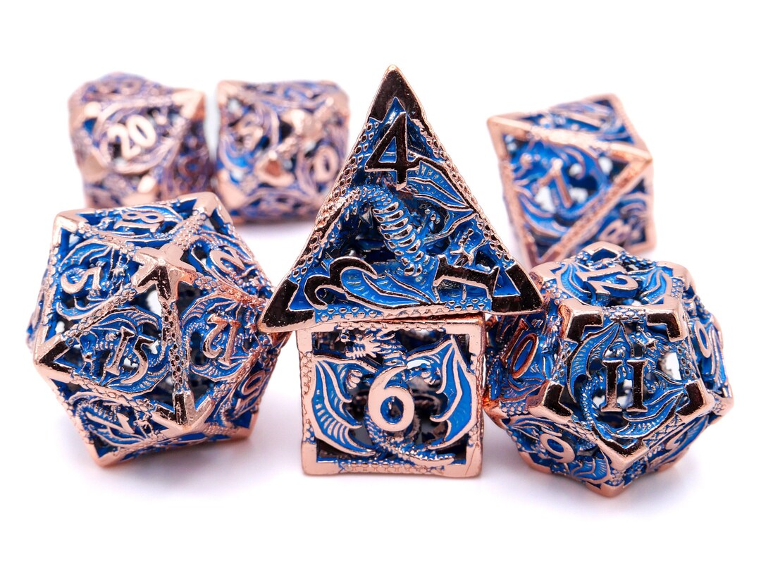 Blue & Copper Dragon Metal Dice Set Hollow Dice Set 7 Pieces Dnd Dice ...