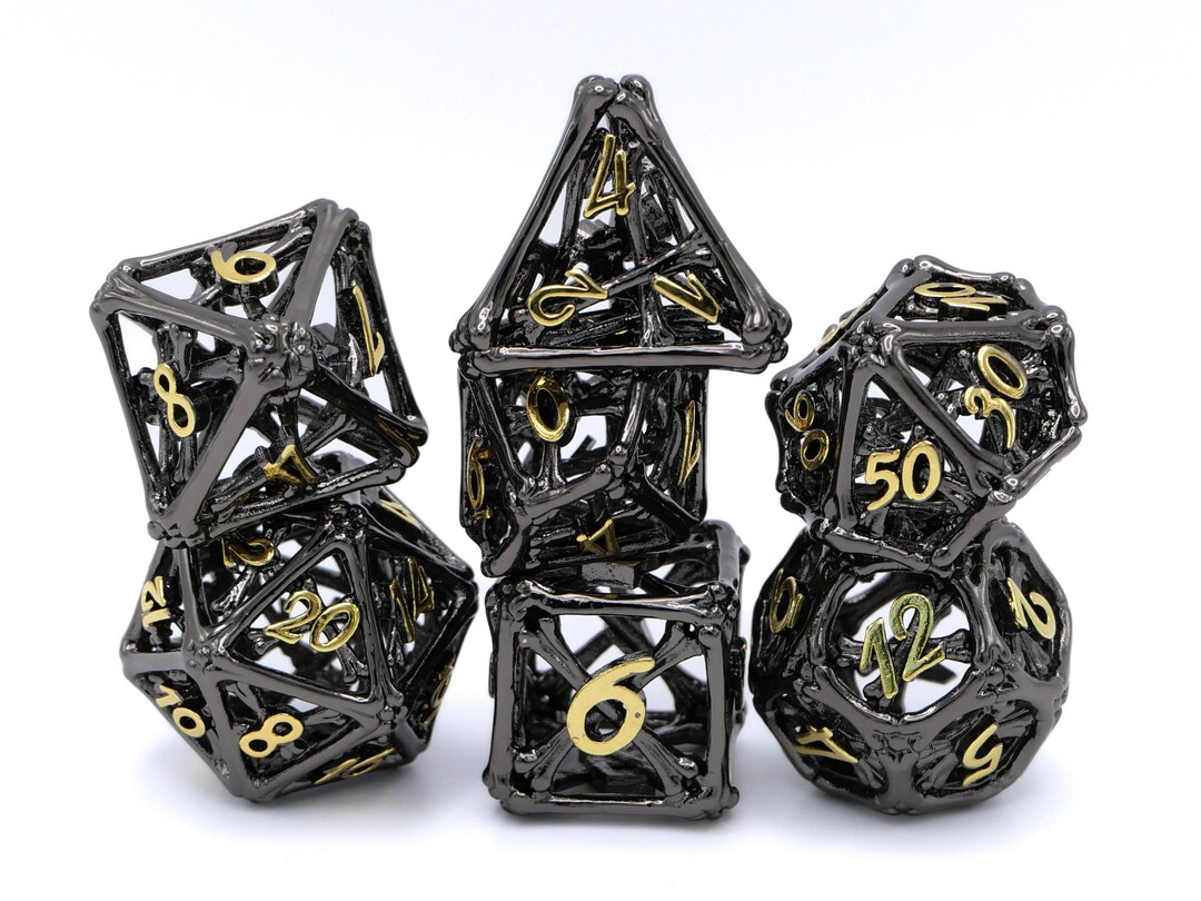 Black Creaky Bones Dice Set 7 Piece Metal Hollow Dice Gold Numbers ...