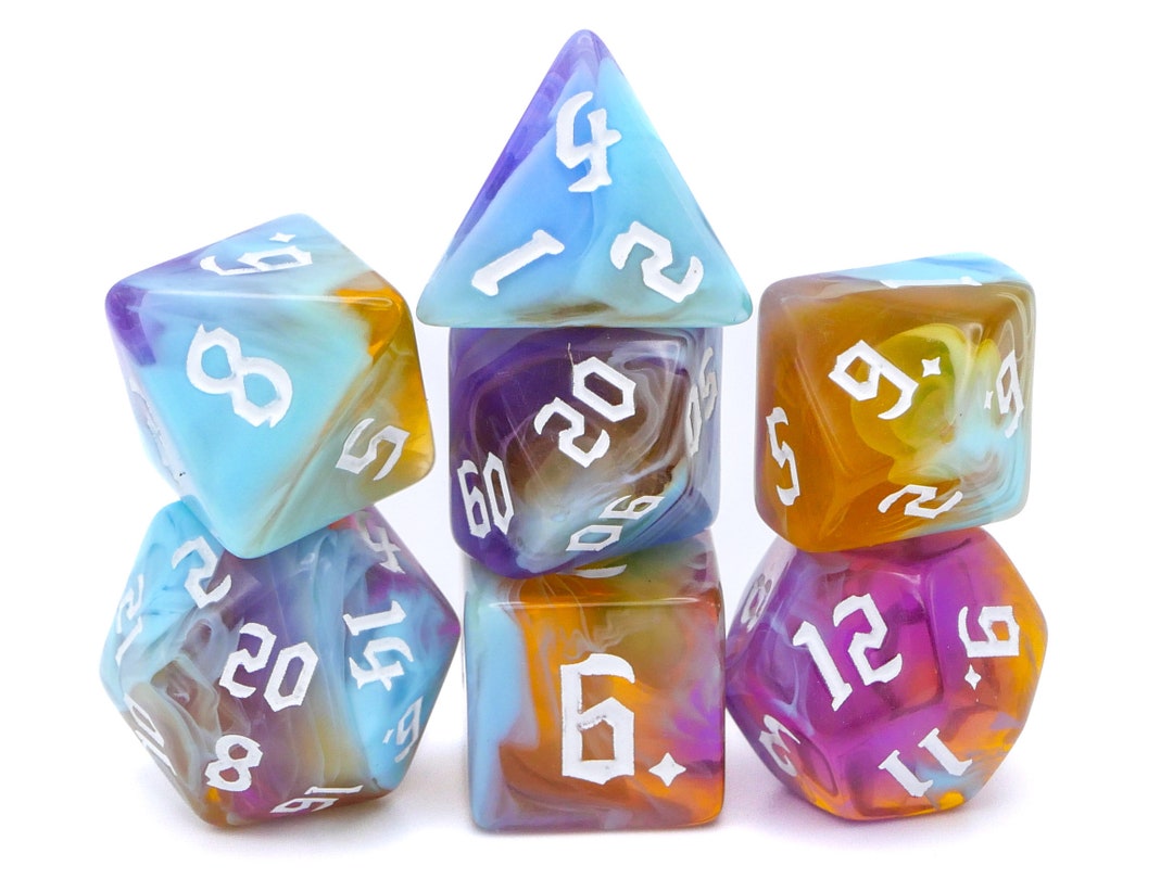 Ethereal Blaze Dnd Dice Set | 7 Piece Blended Color RPG Dice | Blue, Purple, Pink, Orange Dice ...