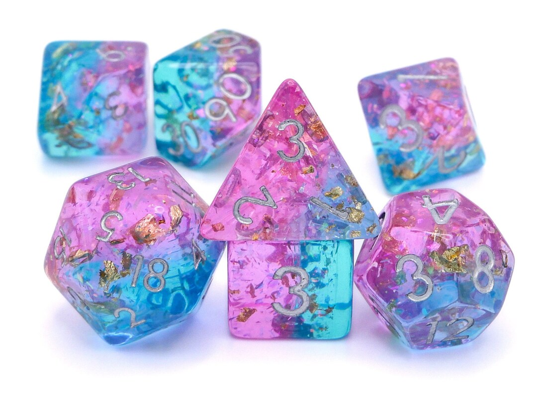 Cosmic Pink & Blue Dnd Dice - 7 Piece RPG Dice Set - Gold Leaf Foil ...