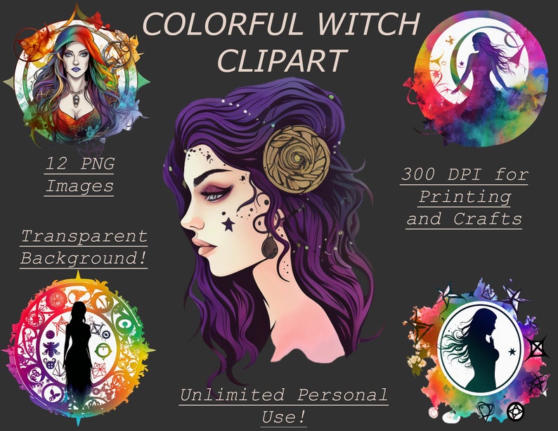 12 Colorful Witch Clipart Images in PNG Format for Commercial - Etsy