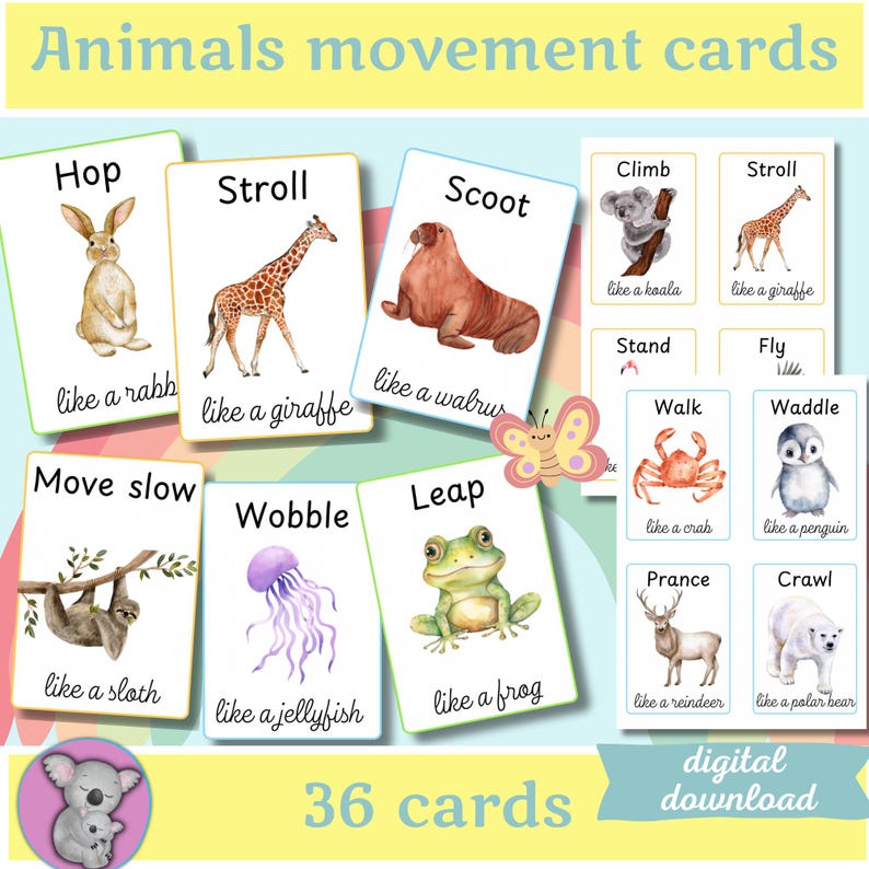 Animal Movement Cards, Children Movement Break Activity, Action Cards ...