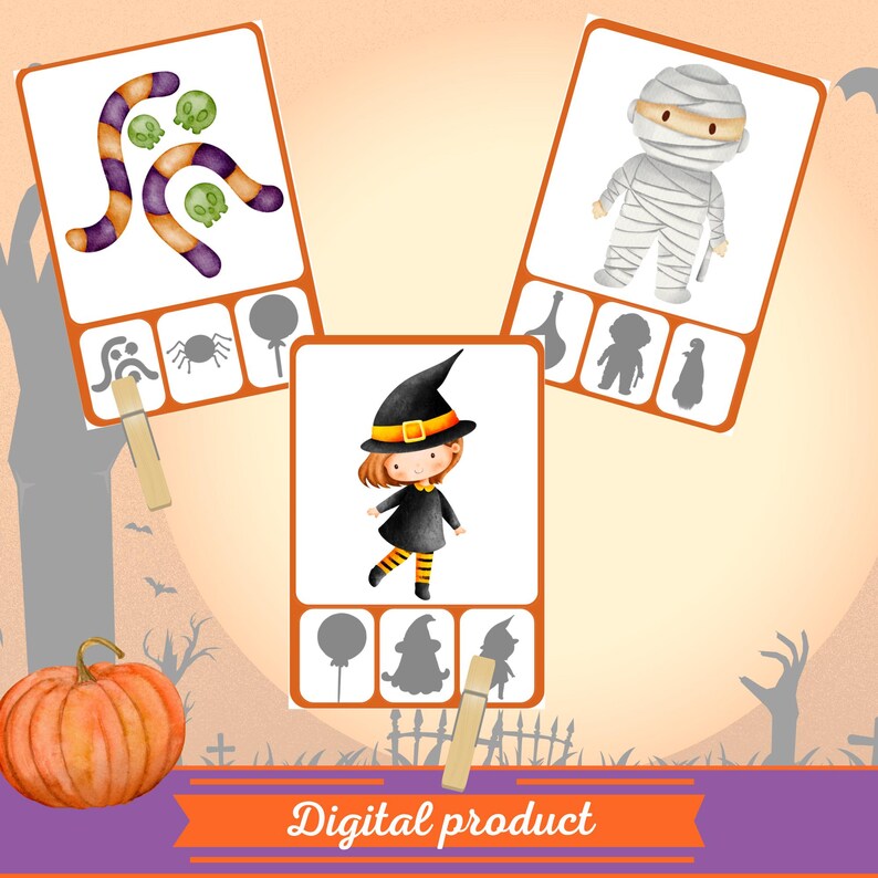 24 Halloween Shadow Matching Clip Cards, Halloween Matching Game ...