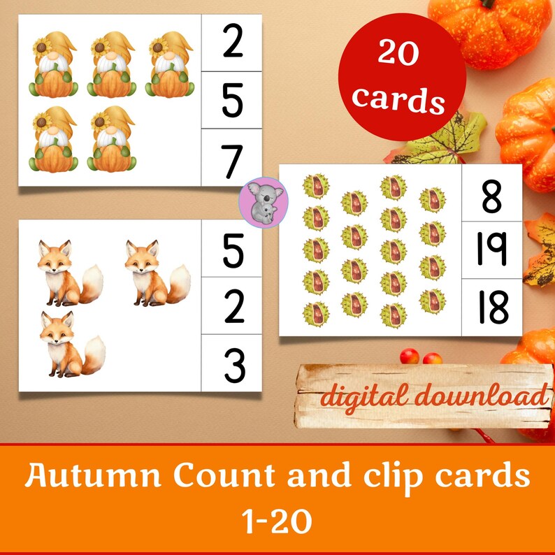 Autumn Count and Clip Cards, Number 1 to 20 Flashcards, Counting ...