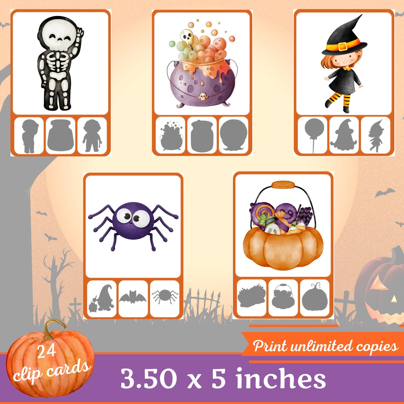 24 Halloween Shadow Matching Clip Cards, Halloween Matching Game ...