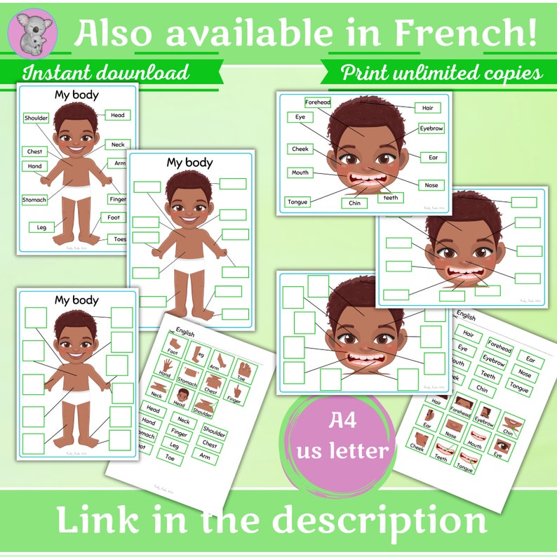 Body Parts Matching Game Flashcards and Worksheet for Children ...