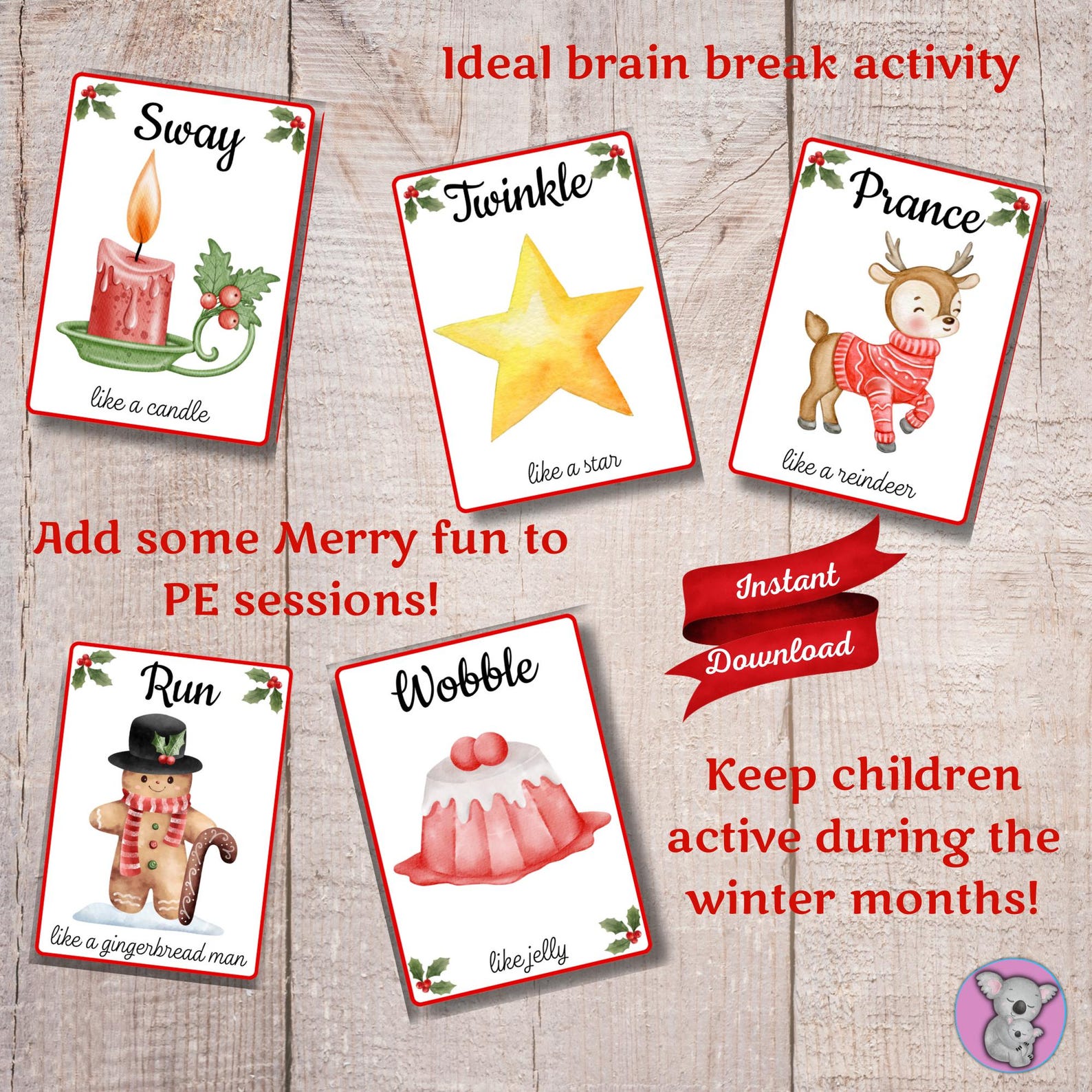 Christmas Movement Cards, Printable Action Flashcards Kids Brain Breaks ...