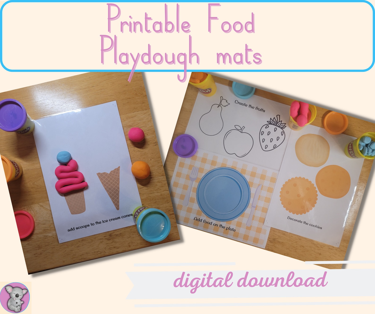 8 Printable Play Doh Mats, Food Play Dough Mats, Ice Cream Playdough ...