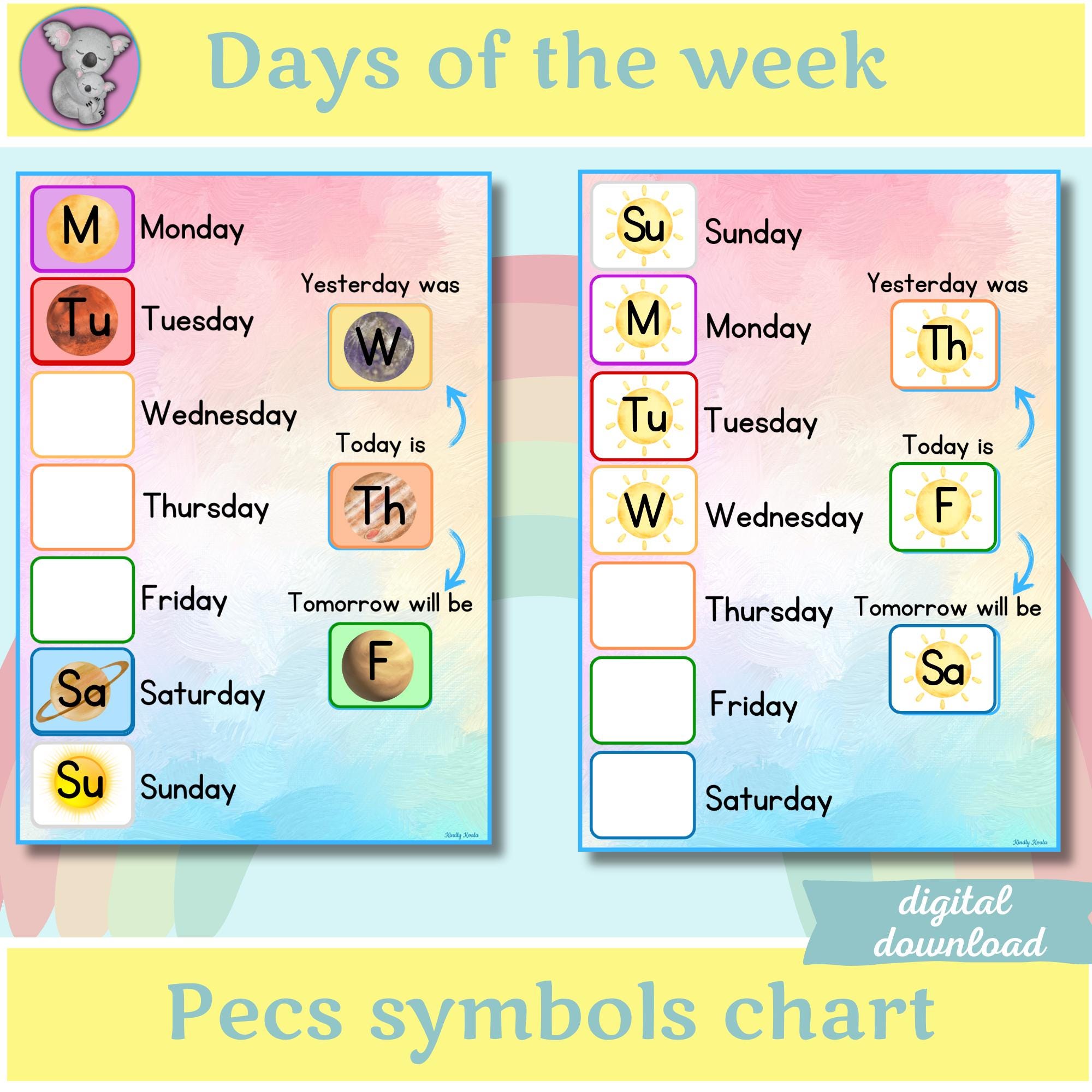 Days of the Week Chart for Kids, Interactive Printable With PECS Cards ...