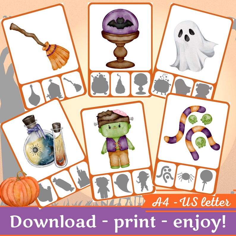 24 Halloween Shadow Matching Clip Cards, Halloween Matching Game ...