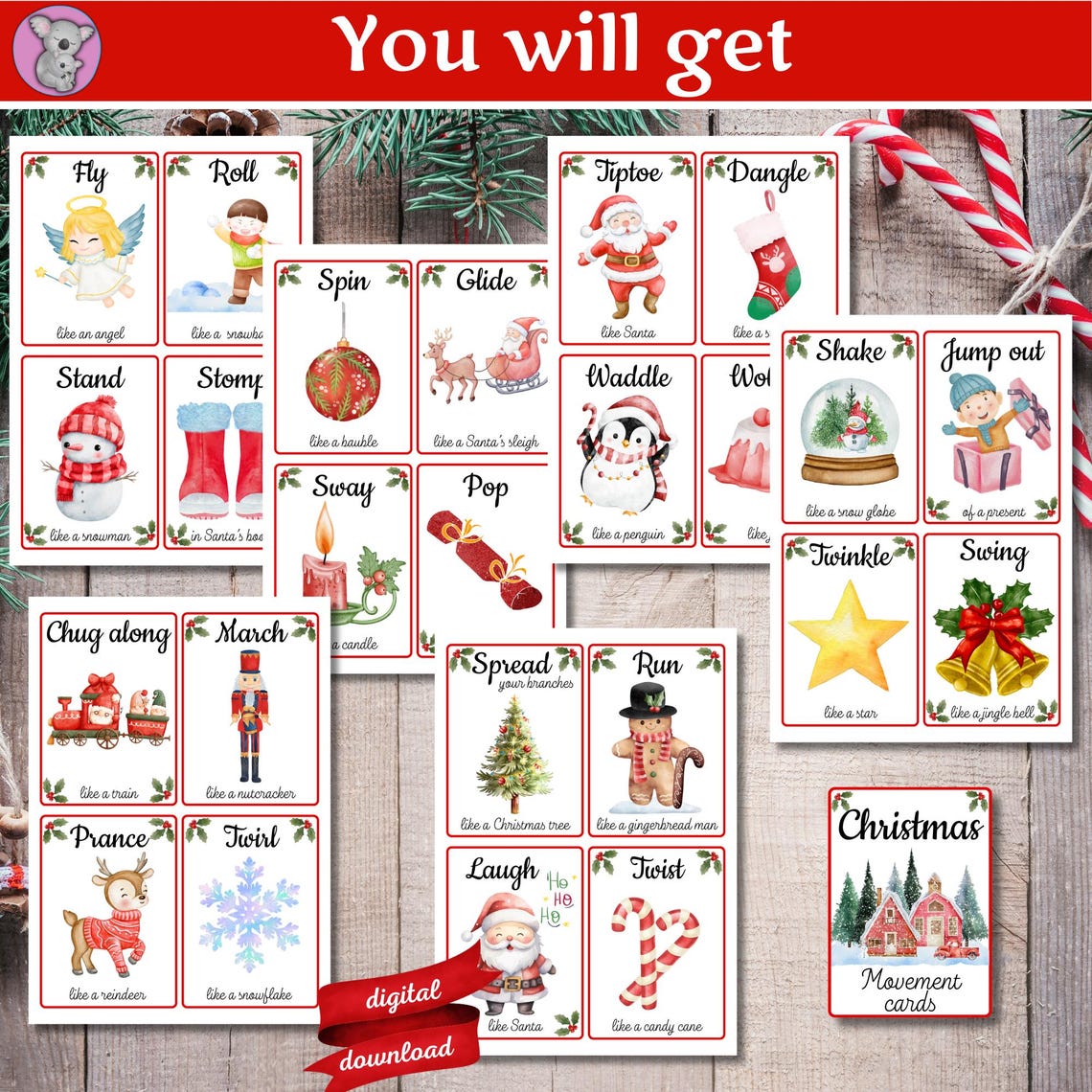 Christmas Movement Cards, Printable Action Flashcards Kids Brain Breaks ...