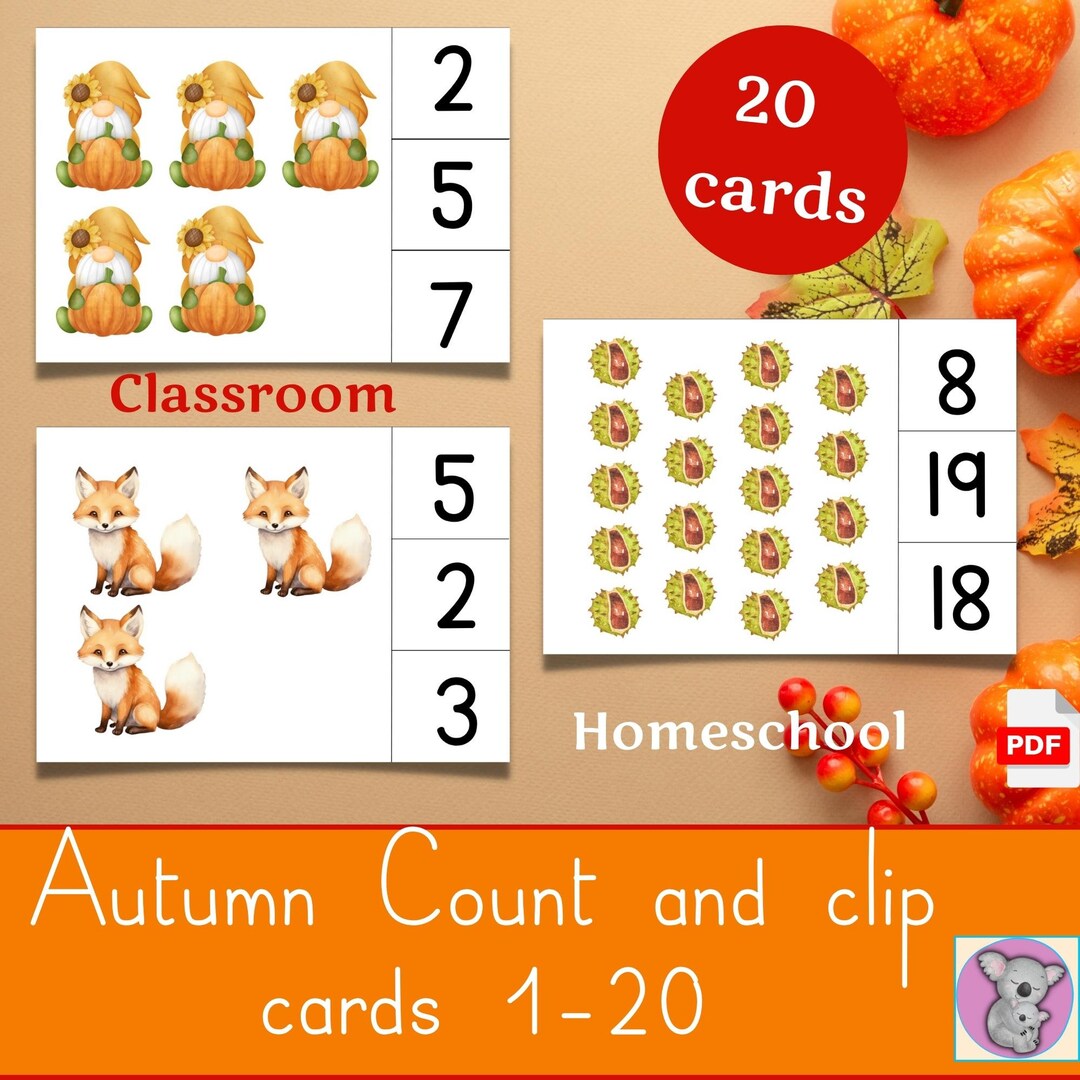 Fall Count and Clip Cards, Preschool Math, Printable, Kindergarten ...