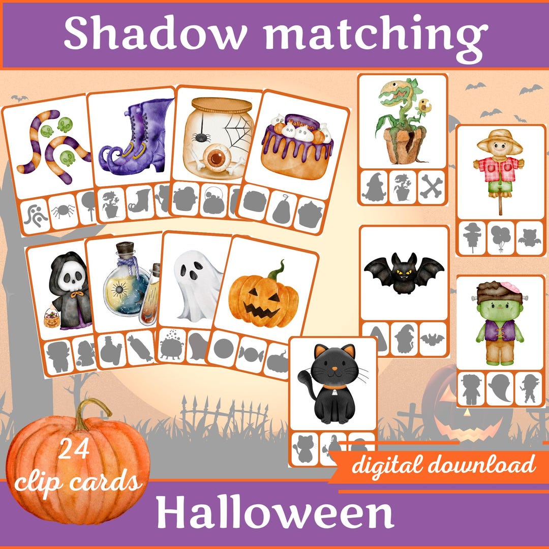24 Halloween Shadow Matching Clip Cards, Halloween Matching Game ...