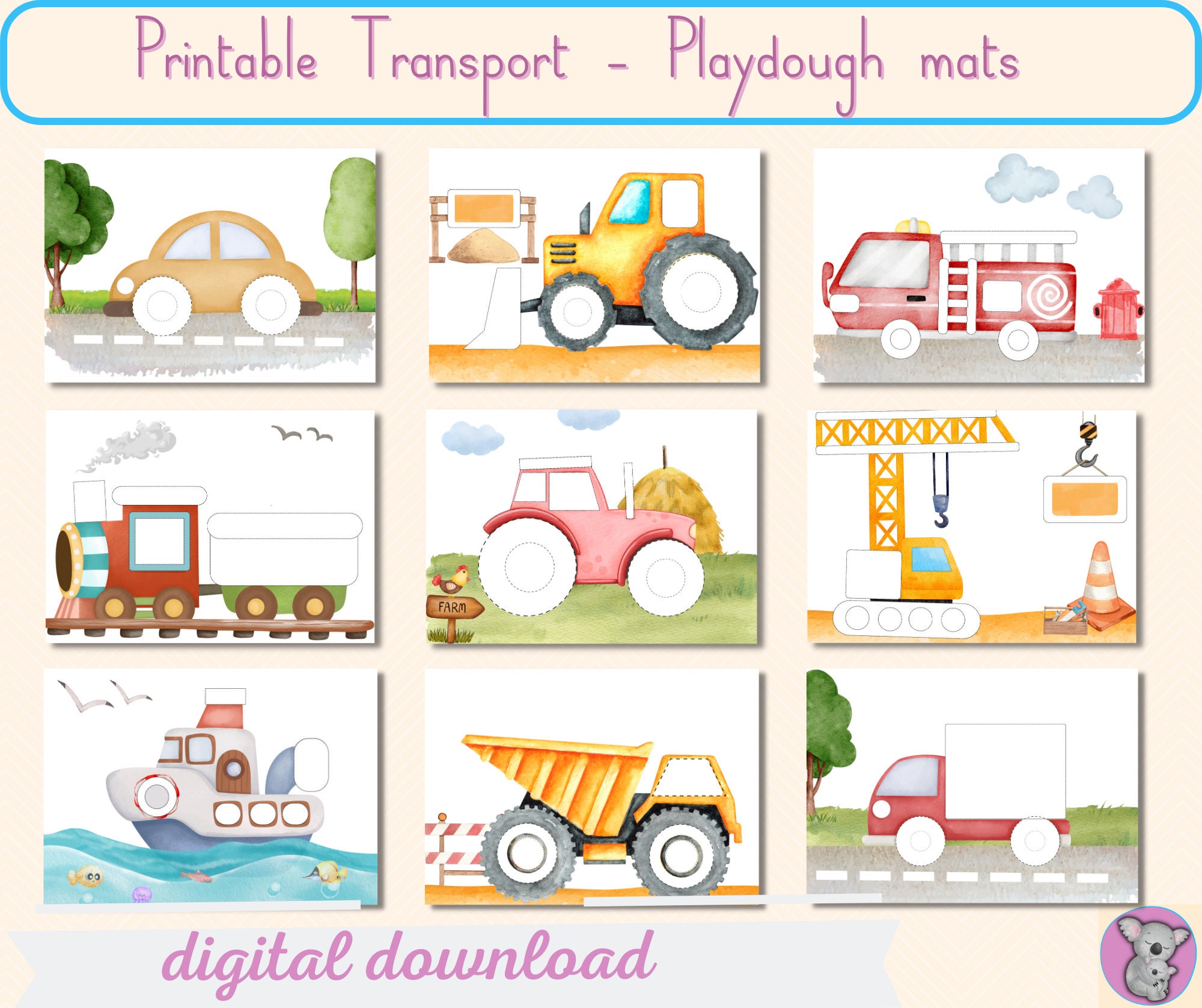 Playdough Activity Mats for Children, Transport, Creative Play for Kids ...