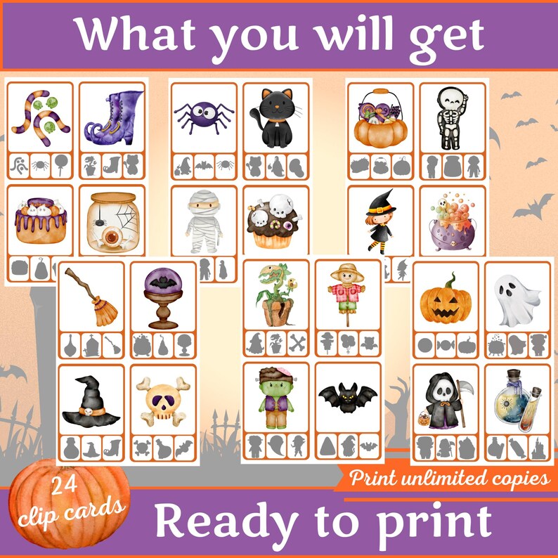 24 Halloween Shadow Matching Clip Cards, Halloween Matching Game ...