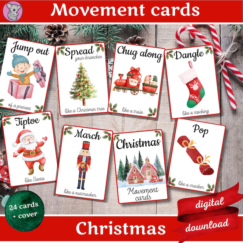 Christmas Movement Cards, Printable Action Flashcards Kids Brain Breaks ...