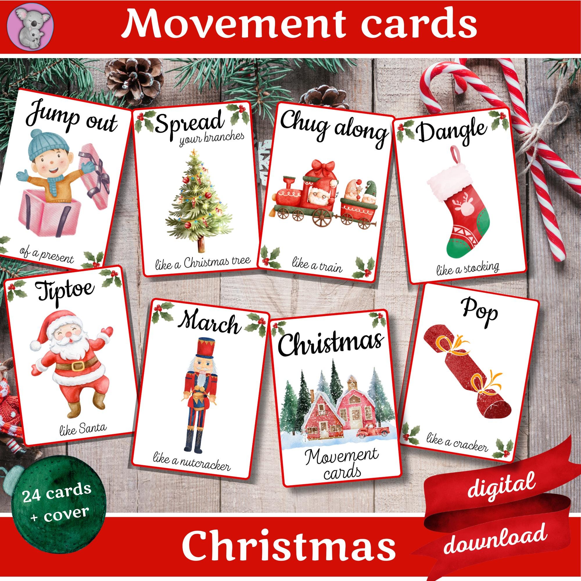 Christmas Movement Cards, Printable Action Flashcards Kids Brain Breaks ...