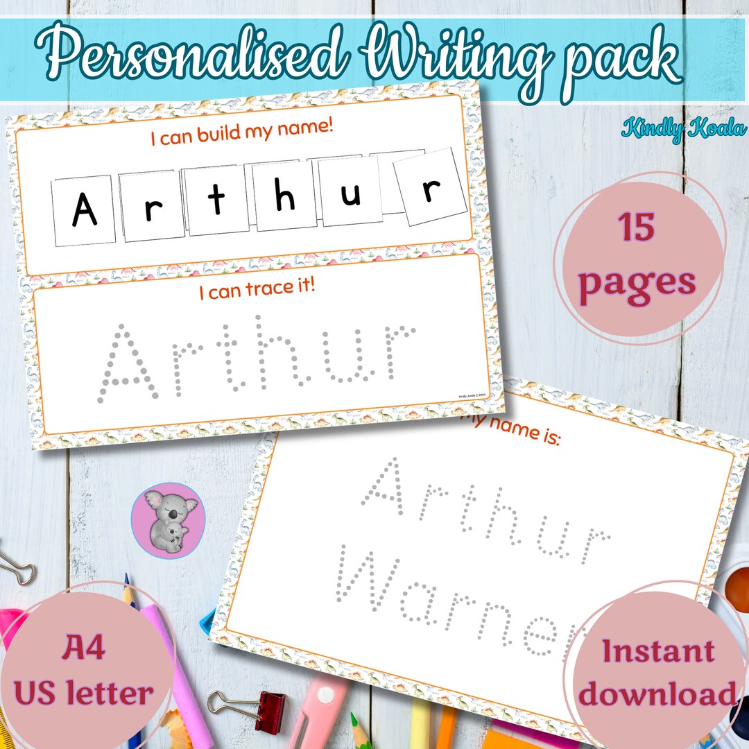Personalised Pre-writing, Learn to Write Set, Dinosaurs Theme, Digital ...